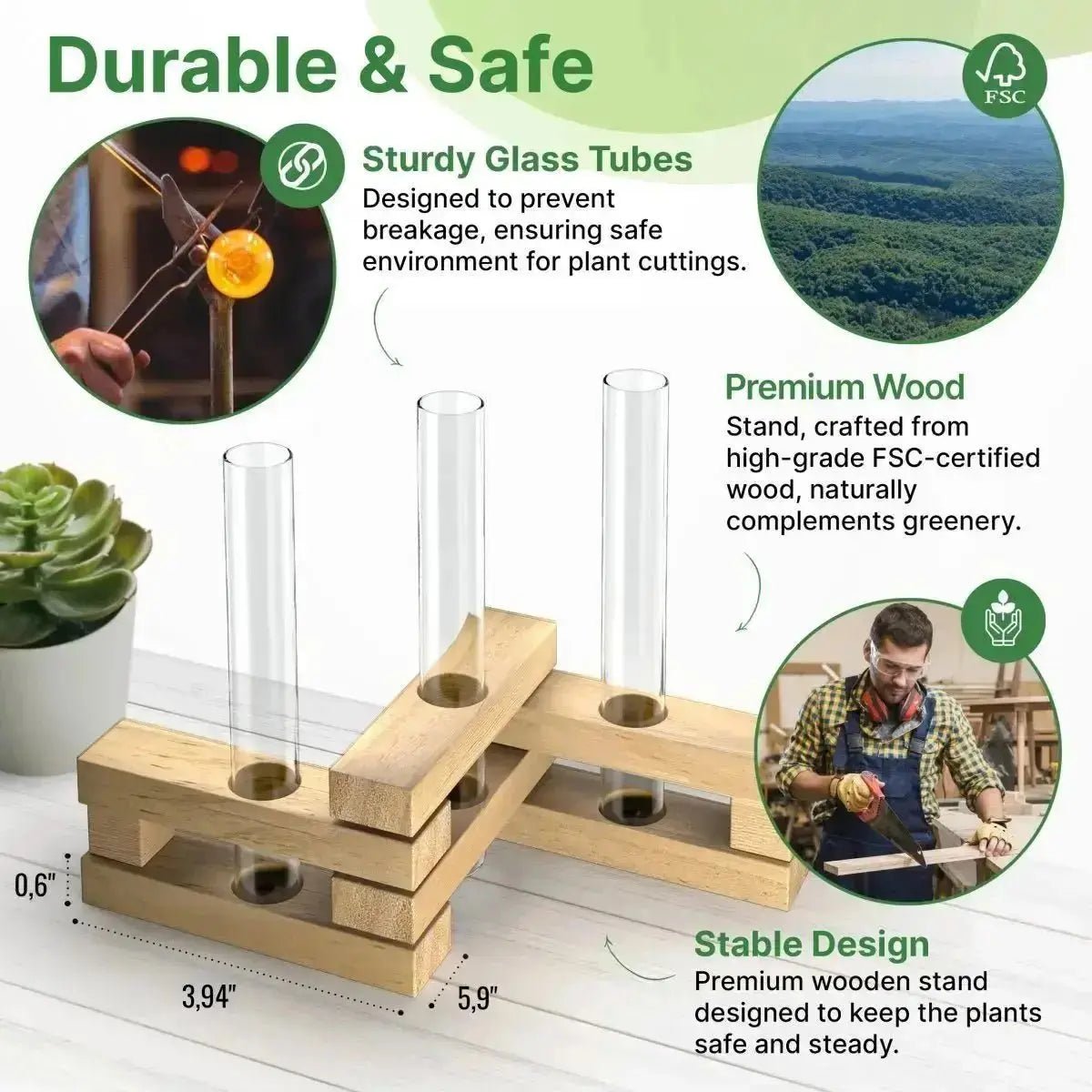Plant Propagation Station - 3 Glass Tube Wooden Stand for Home & Office